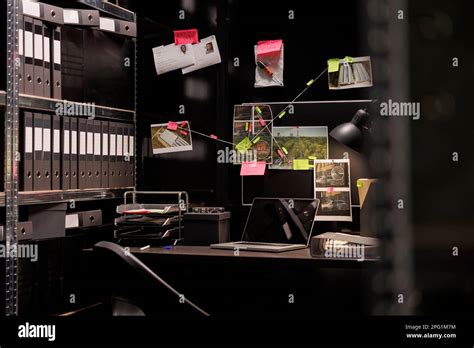 Private Detective Empty Workplace With Crime Case Evidences Board Hanging Over Desk Police