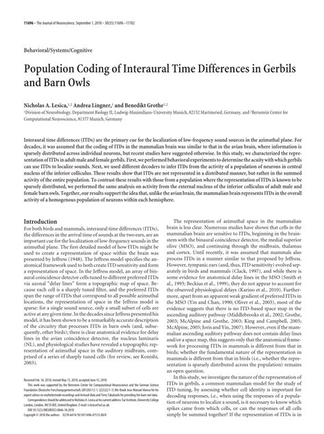 Pdf Population Coding Of Interaural Time Differences In Gerbils And Barn Owls