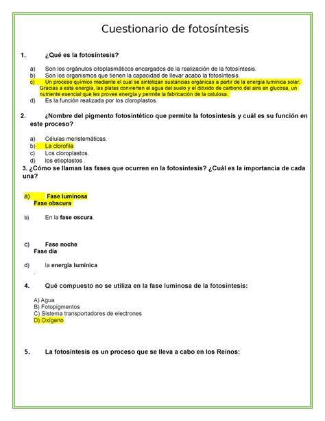 Cuestionario de fotosíntesis respuestas Cuestionario de fotosíntesis