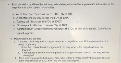 Solved 4 Estimate Cell Size Given The Following Chegg Com