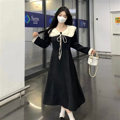 무료당일출고 가을 긴팔 빅카라 리본 라운드넥 A라인 롱원피스 결혼식 하객룩 피로연 상견례룩