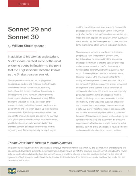 Sonnet 29 And Sonnet 30 Themes Lesson Plan Owl Eyes