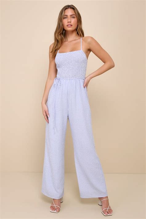 Blue And White Jumpsuit Lace Up Jumpsuit Smocked Jumpsuit Lulus
