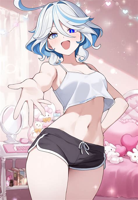 Rule 34 1girls Bedroom Belly Belly Button Blue Eyes Blue Hair Furina Genshin Impact Genshin