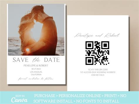 Save The Date Canva Template QR Code Instant Download Modern Calligraphy Minimalist