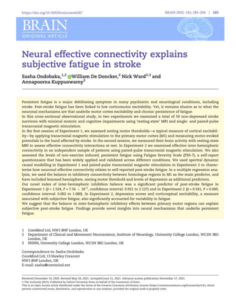Pdf Neural Effective Connectivity Explains Subjective Fatigue In Stroke
