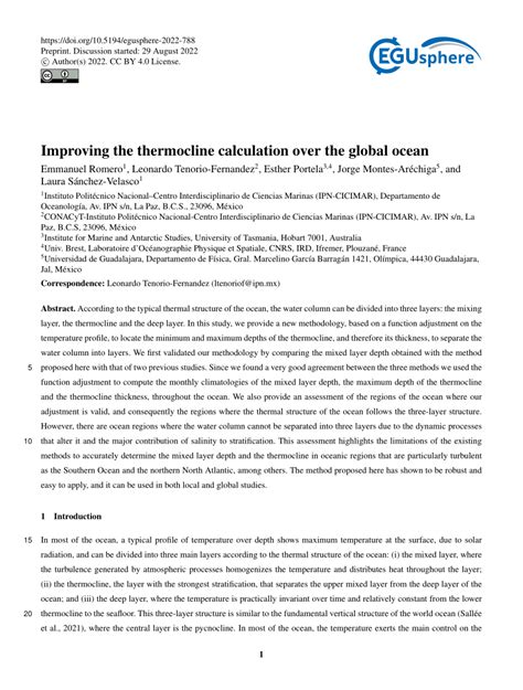 Pdf Improving The Thermocline Calculation Over The Global Ocean