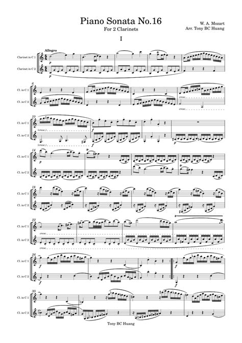Sonata No 16 K 545 For 2 Clarinets Arr Tony Bc Huang By W A Mozart Sheet Music For