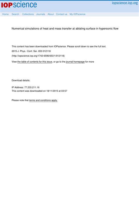 Pdf Numerical Simulations Of Heat And Mass Transfer At Ablating Surface In Hypersonic Flow