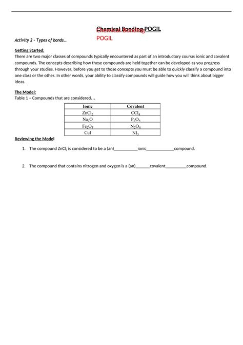 Chemical Bonding Pogil Activity 2 Types Of Bondschemical Bonding