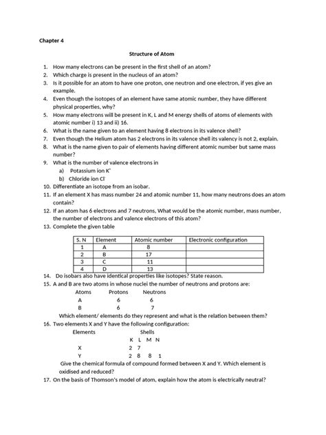 Structure Of Atom Assignment Pdf Atoms Ion