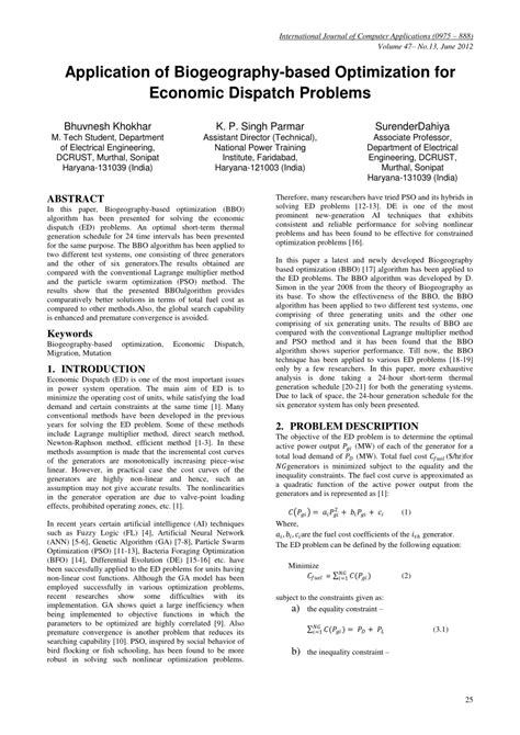 Pdf Application Of Biogeography Based Optimization For Economic