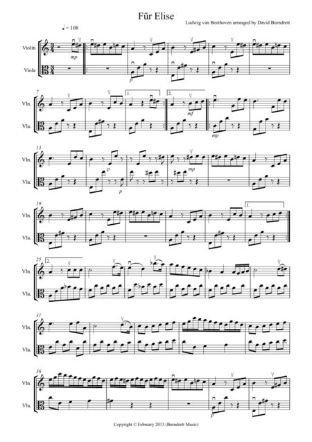 Für Elise for Violin and Viola Duet Sheet music Classical sheet music Violin music