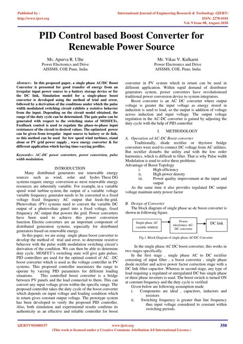 Pdf Pid Control Based Boost Converter For Renewable Power Source