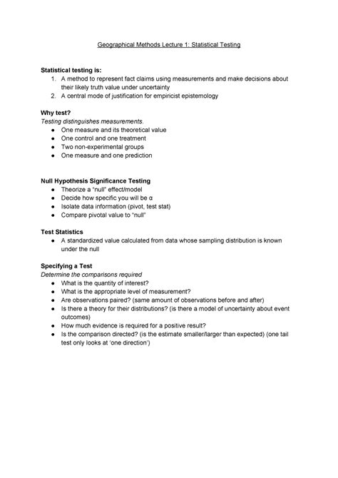 Geographical Methods Lecture 1 Statistical Testing Geographical Methods Lecture 1