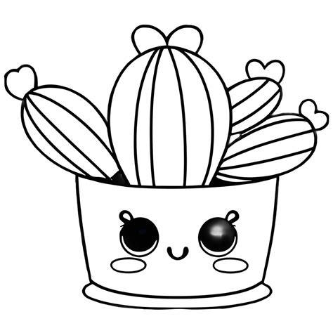 Cute Kawaii Potted Cactus Coloring Page Isolated Line Art Vector
