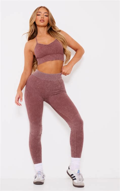 Plt Deep Brown Acid Wash Rib Gym Leggings Activewear
