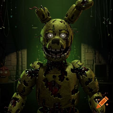 A Creepy Torn Green Animatronic Character With Glowing White Eyes Springtrap From Five Nights