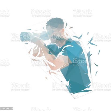 카메라를 가진 사진 작가 낮은 다각형 벡터 그림 남자는 사진 삼각형에서 고립 된 기하학적 벡터 드로잉 측면보기를 찍는다 사진작가에 대한 스톡 벡터 아트 및 기타 이미지