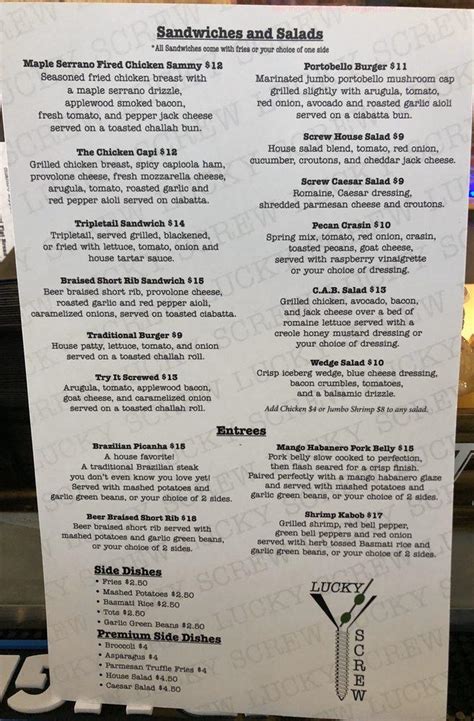 Online Menu Of The Lucky Screw Restaurant Fort Myers Florida 33901