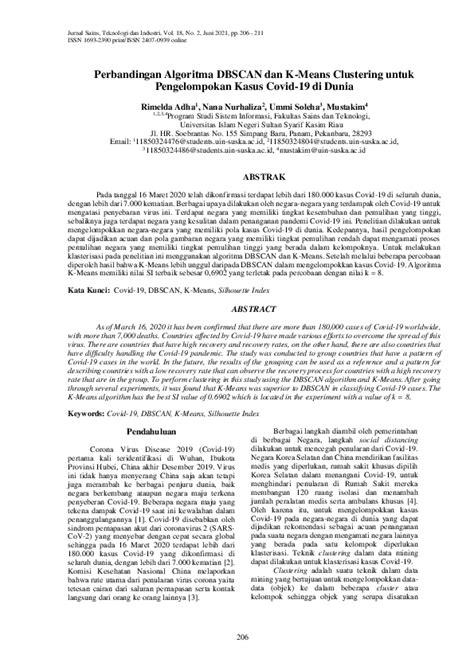 Pdf Perbandingan Algoritma Dbscan Dan K Means Clustering Untuk