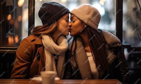 Premium Ai Image Portrait Of A Smiling Young Lesbian Couple In Caffe