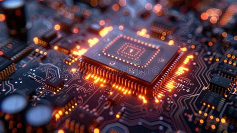 Closeup Of A Lit Up Microchip On A Circuit Board Stock Image Image Of Silicon Digital 326170567