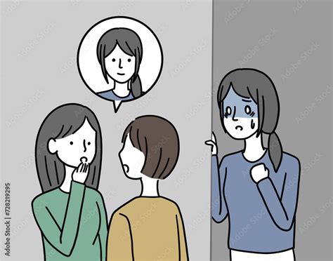 女性の話をしている人達とそれを見て青ざめて怯えてる女性 Stock Illustration Adobe Stock