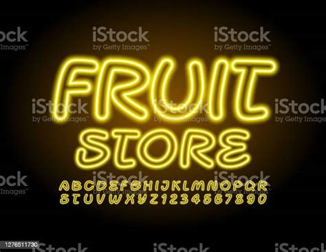 벡터 네온 배너 과일 가게 노란색 전기 알파벳 문자 및 숫자 건강한 생활방식에 대한 스톡 벡터 아트 및 기타 이미지 건강한 생활방식 건강한 식생활 고객 Istock