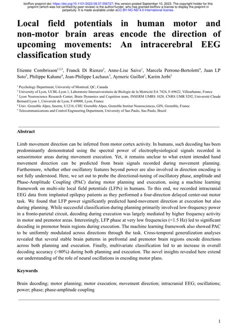 Pdf Local Field Potentials In Human Motor And Non Motor Brain Areas Encode The Direction Of