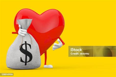 레드 하트 캐릭터 마스코트와 묶여 소박한 캔버스 리넨 돈 자루 또는 달러 기호와 돈 가방 3d 렌더링 가득 찬에 대한 스톡 사진 및 기타 이미지 Istock