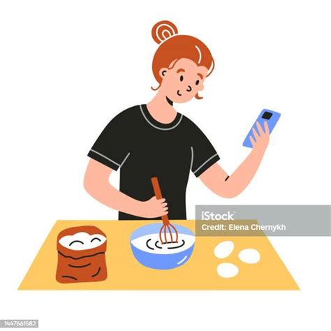 휴대 전화를 사용 하는 동안 요리 하는 소녀 온라인 레시피 빵집 기구 아이콘 모바일에서 반죽 자습서 만들기 털의 벡터 낙서 그림