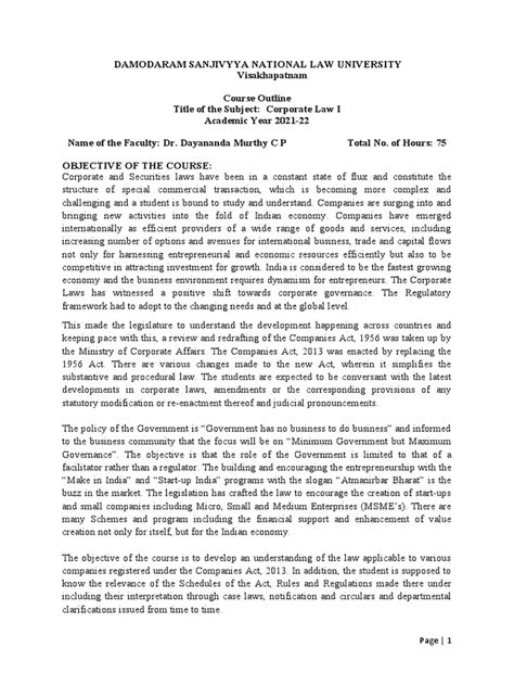 Corporate Law I Course Outline 2022 23 Pdf Piercing The Corporate