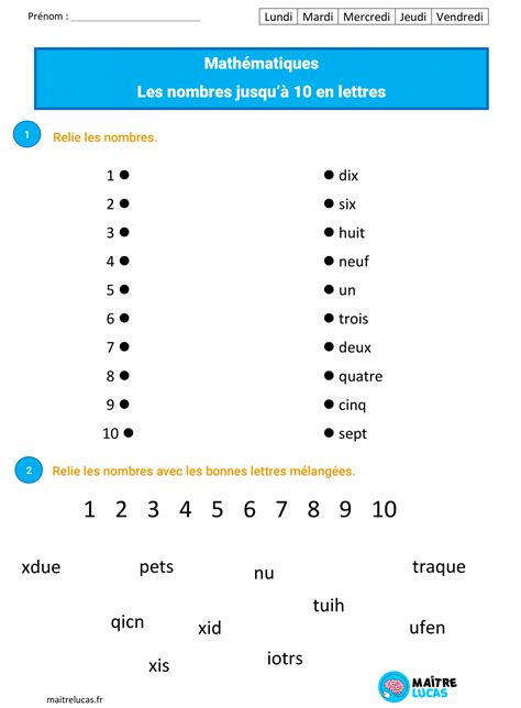 Fiches les Exercices Nombres en lettres jusqu à 10 pour CP CE1 Maître