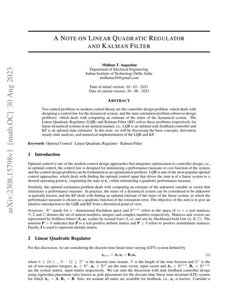 Pdf A Note On Linear Quadratic Regulator And Kalman Filter