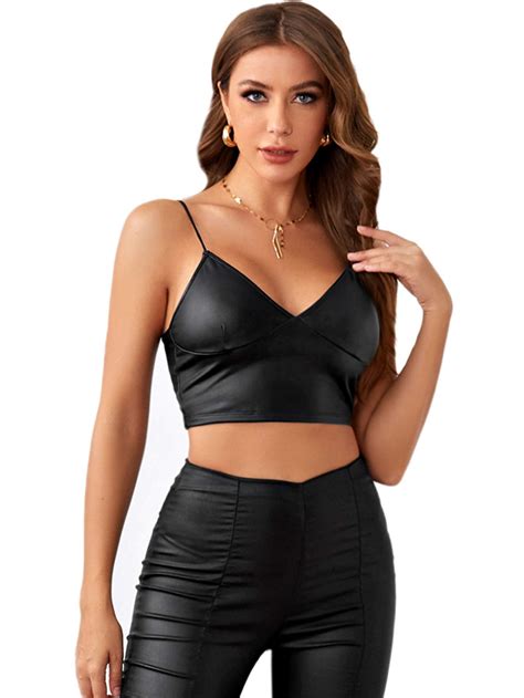Soly Hux Womens Pu Leather V Neck Spaghetti Strap Cami Crop Top Medium