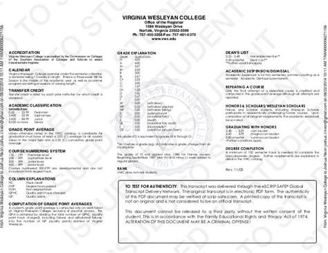 Virginia Wesleyan College Official Transcript