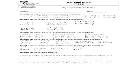 MatemÁticas 4º Eso · Resuelve Los Siguientes Sistemas De Ecuaciones