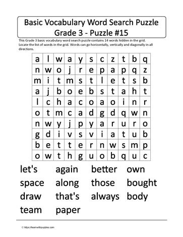 Basic Gr3 Vocab Word Search 15 Learn With Puzzles