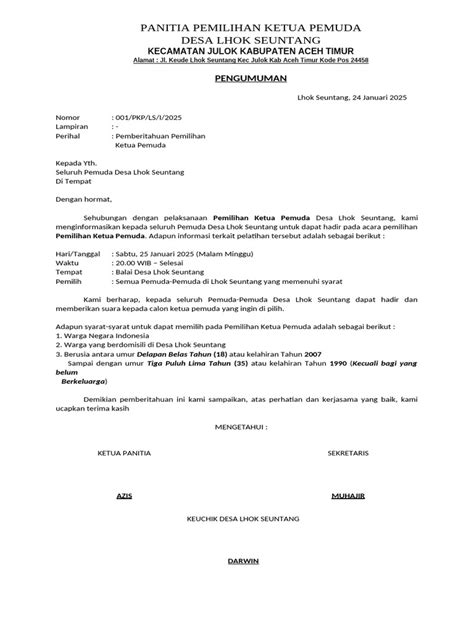 Surat Pengumuman Pemilihan Ketua Pemuda Pdf