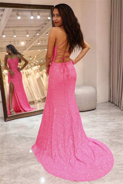 Queendancer Women Pink Long Prom Dress Glitter Mermaid Formal Dress
