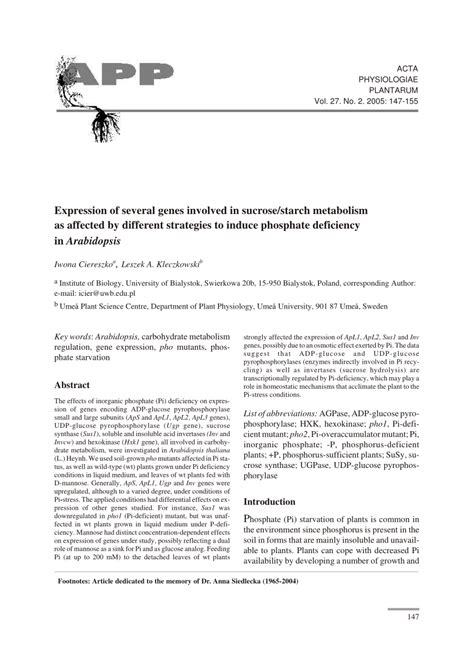 Pdf Expression Of Several Genes Involved In Sucrosestarch Metabolism