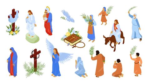 흰색 배경 벡터 일러스트 레이 션에 고립 된 성경 문자의 부활절 예수 그리스도 성모 마리아 아이소 메트릭 세트 무료 벡터