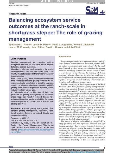 Pdf Balancing Ecosystem Service Outcomes At The Ranch Scale In Shortgrass Steppe The Role Of