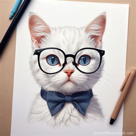 Cute Cat Wearing Glasses Drawing Stable Diffusion Online