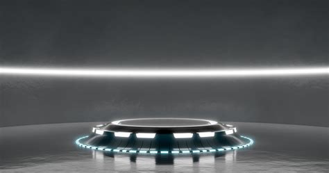 3d 렌더링 대형 흰색 객실은 중앙에 미래 지향적인 공상 과학 플랫폼을 갖춘 스튜디오로 위와 아래에서 네온 램프로 조명되어 있습니다 당신의 모형에 대한 배경 Dj에 대한