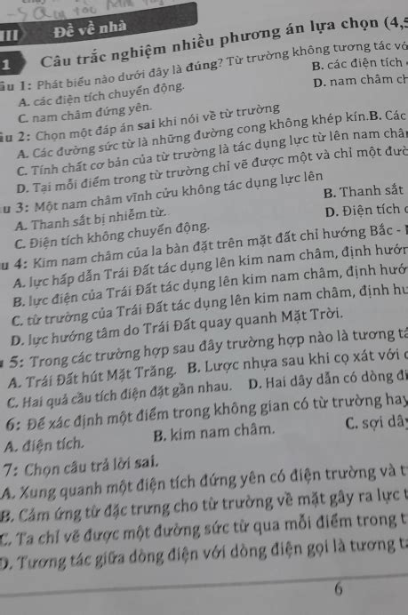 Solved Đề về nhà 1 Câu trắc nghiệm nhiều phương án lựa chọn 4 5 B
