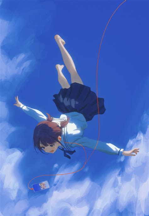 Safebooru 1girl Barefoot Blue Eyes Blue Neckerchief Blue Skirt Brown