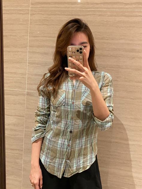 Atasan Kotak Hijau Kemeja Fesyen Wanita Pakaian Wanita Atasan Di