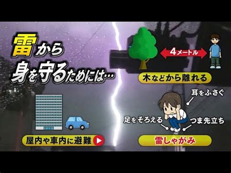 雷から身を守るためには屋内や車内に避難 そして逃げる時間場所がない場合は木などから離れ雷しゃがみ YouTube
